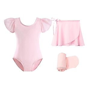 Stelle Ballet Leotards for Girls Dance Dress Outfit Combo with Skirt and Tights (Ballet Pink Ruffle Sleeve,100)