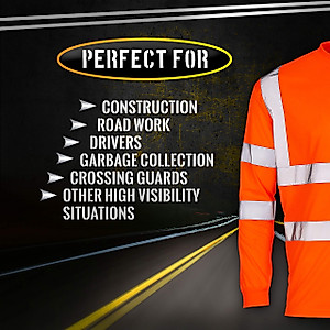 SuNi Apparel High Visibility Shirts for Men - Long Sleeve Construction Hi Vis Reflective Safety Shirts for Men Yellow Orange (L, Orange (3pk))
