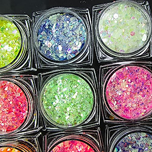 12 Colors Night Glow Chunky Glitters Flakes Luminous Neon Powder Glitter Sequins for Acrylic Nails/Crafts/Resin/Makeup/Festival/Slime