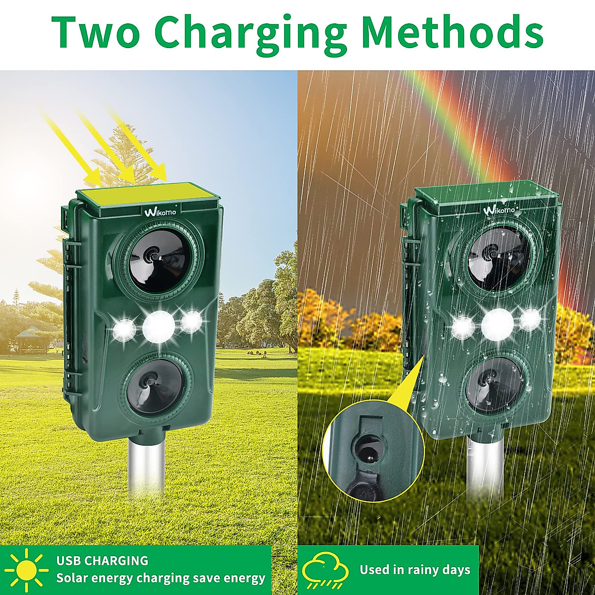 Solar Animal Repeller, Ultrasonic Mole Repellent, Rat, Squirrel, Deer, Raccoon, Skunk, Rabbit, Mole, Dog, Cat, Waterproof with Motion Detector, USB Rechargeable, Flashing Light