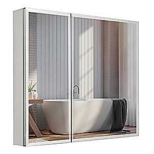 MOVO Double Doors Medicine Cabinet with Mirror, 30 inch X 26 inch Aluminum Bathroom Medicine Cabinet, Adjustable Glass Shelves, Waterproof and Rust-Resist, Recess or Surface Mount