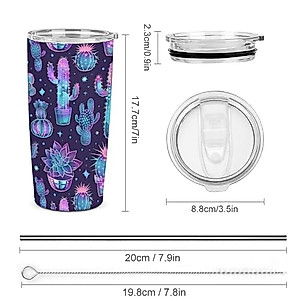 KIOWEIR Neon Cactus And Flowers Stainless Steel Tumbler 20oz With Lid And Straw, Insulated Tumblers Coffee Cup, Travel Mug for Ice Drink & Hot Beverage for Women Men Boys Girls