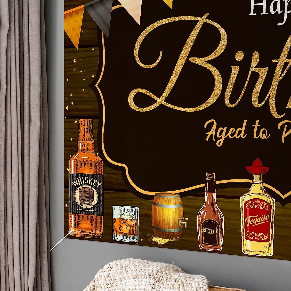Whisky Birthday Backdrop Banner Decor Black - Whisky Cheer & Beer Theme Aged to Perfection Happy Birthday Party Decorations for Men Women Supplies, 3.9x5.9 ft