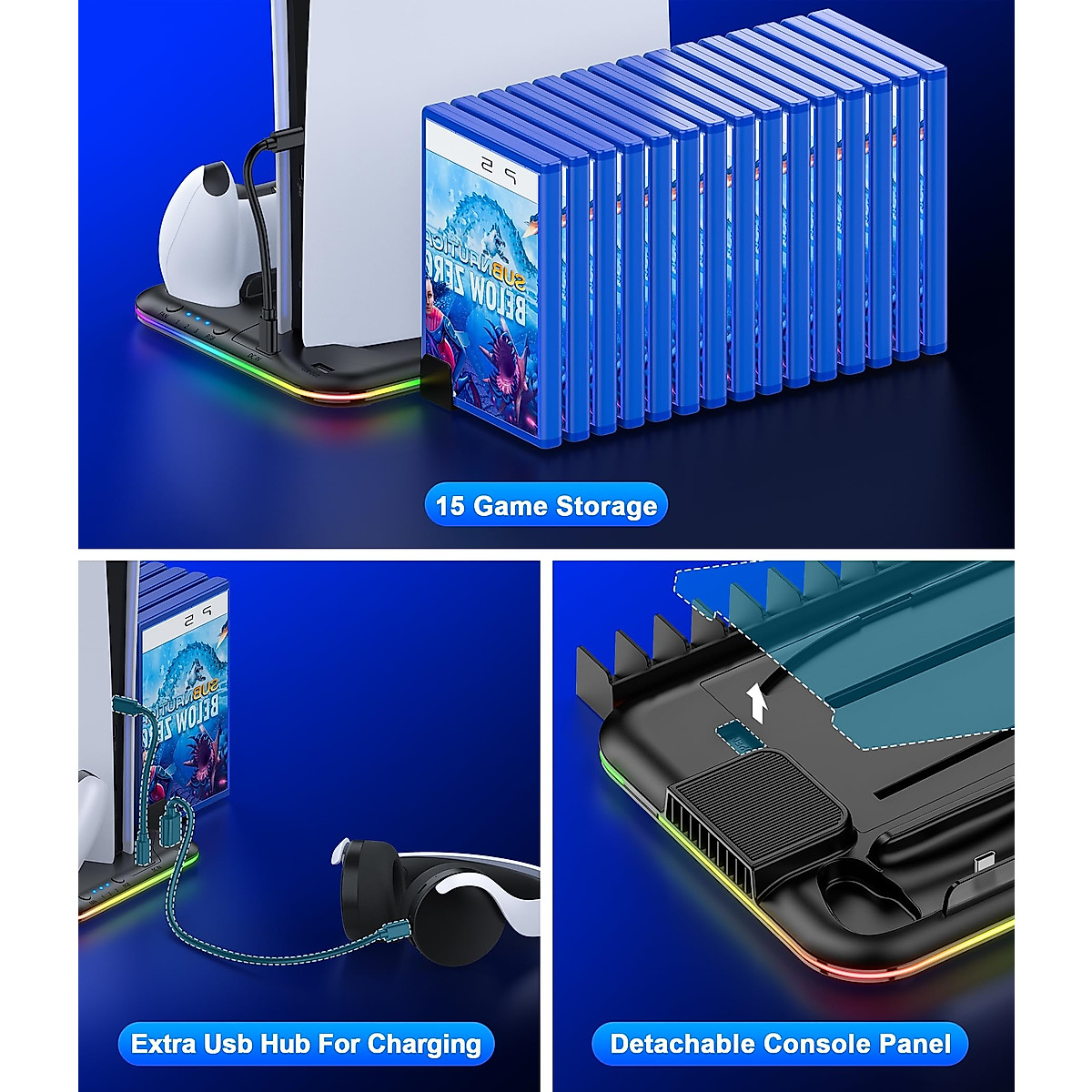 PS5/PS5 Slim Stand and Cooling Station with Controller Charging Station for Playsation 5, PS5 Accessories Kit Incl. 3 Levels Cooling Fan, LED, 15 Game Slot, Headset Holder for PS5 Digital/Disc Console