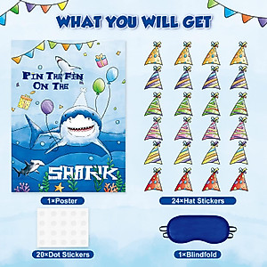 WERNNSAI Pin The Fin on The Shark Party Games - Ocean Party Supplies for Kids Boys Girls 21’’ x 28’’ Shark Game Poster with 24 Pcs Reusable Stickers for Birthday Family Classroom Activities
