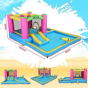 JOYMOR Inflatable Water Slide Park for Backyard, Bounce House w/Blower, 2 Water Guns, Splash Pool, Water Slide Bouncer Castle Outdoor Playhouse for Little Kids