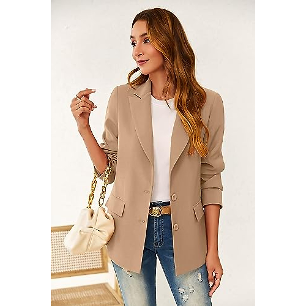 BZB Women's Casual Blazers Long Sleeve Lapel Button Open Front Work Office Blazer Jackets Suit Light Khaki