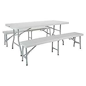 Office Star Resin Furniture for Indoor or Outdoor Use, 3-Piece Set, 2 Folding Benches and 6 Foot Table