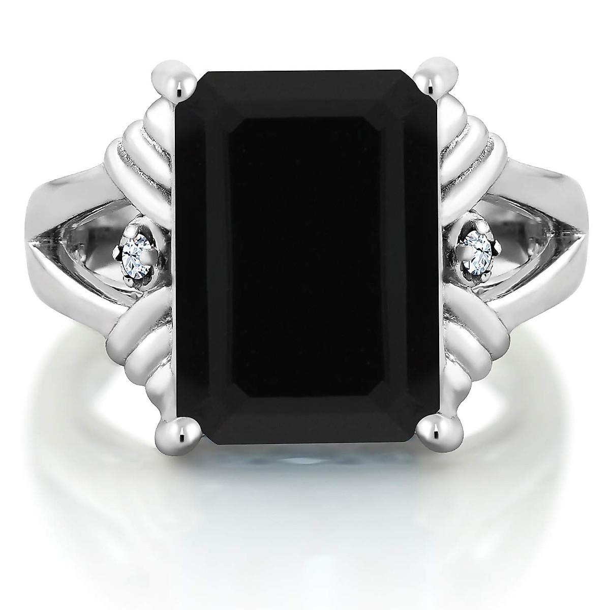 Gem Stone King 925 Sterling Silver Black Onyx and White Created Sapphire Engagement Ring For Women (6.43 Cttw, Gemstone December Birthstone, Emerald Cut 14X10MM, Size 9)