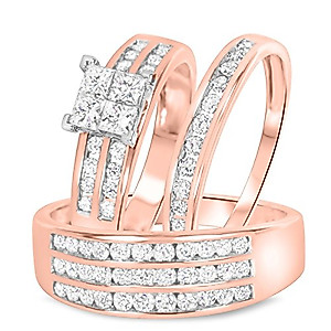 jsjewels 1 2/3 Carat T.W. Diamond Engagement Ring Wedding Trio Set in Solid 14K Rose Gold Over