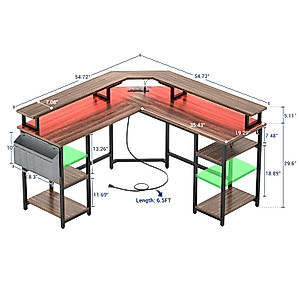 Aheaplus L-Shaped Gaming Desk with Power Outlets & LED Lights, L-Shape Computer Corner Desk with Monitor Stand and Storage Shelf, Home Office Desk with Storage Bag, Espresso