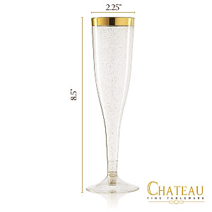 CHATEAU FINE TABLEWARE 36 Plastic Champagne Flutes, 6.5 Oz Plastic Glasses Gold Rim & Glitter Gold Mimosa Glasses, Brunch Decor, Plastic Flutes Champagne Disposable