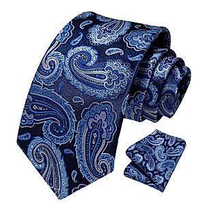 HISDERN Ties for Men Blue Paisley Ties for Men and Pocket Square Set Formal Navy Blue Mens Ties Handkerchiefs Satin Neckties for Wedding Party