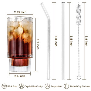 ASIZZED Ribbed Glassware with Straws Vintage Glass Cups 6pcs Set Reusable Wide Mouth Fluted Drinking Glasses 16oz Smoothie Cup Iced Coffee Cup with Clean Brushes for Beer Cocktail Bar Cart Accessories