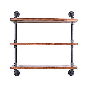 Diwhy Industrial Pipe Shelving Bookshelf Rustic Modern Wood Ladder Storage Shelf 3 Tiers Retro Wall Mount Pipe Design DIY Shelving (Black, L 36")