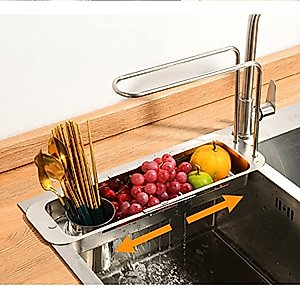 Kitchen Sink Caddy, Telescopic Sink Storage Rack Sink Sponge Holder for Kitchen Sink Stainless Steel Expandable (14.5"-17") Kitchen Sink Organizer with Dishcloth Towel Holder - Telescopic Drain Rack