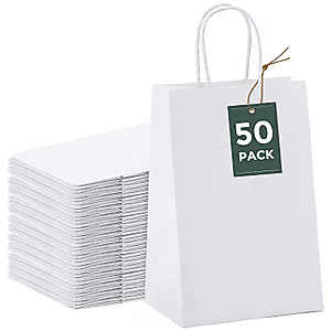 GSSUSA 50 Pcs White Kraft Paper Bags 5.25x3.25x8, Small Paper Bags with Handles for Shopping, Gift, Merchandise, Retail, Party Favor, Wedding, Gift Bags, Bags for Small Business, Boutique