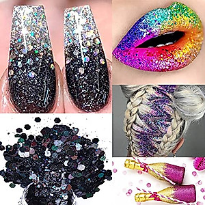 3.5oz/100g Mixed Chunky and Fine Glitter, Holographic Crafts Glitter Powder for Resin, Flakes Iridescent Nail Sequins, Cosmetic Glitter for Face Eye Glitters Tumblers, Festival Decorations (Black)