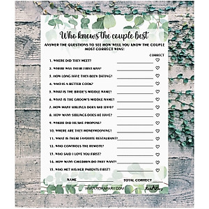 RokAPary Eucalyptus Who Knows The Couple Best, Wedding, Bridal Shower, Bachelorette or Engagement Party Game, Couples Guessing Play Pack of 50 Cards 5”x7” Made in USA