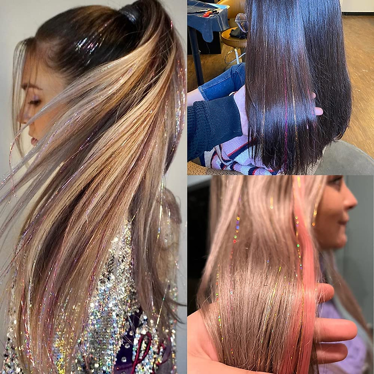 AMchoice Hair Tinsel Kit with Tools 16 Colors 3500 Strands Fairy Hair Tinsel Heat Resistant Sparkling Shiny Tinsel Hair Extensions 48 Inch Colorful Hair Tinsel strands Kit