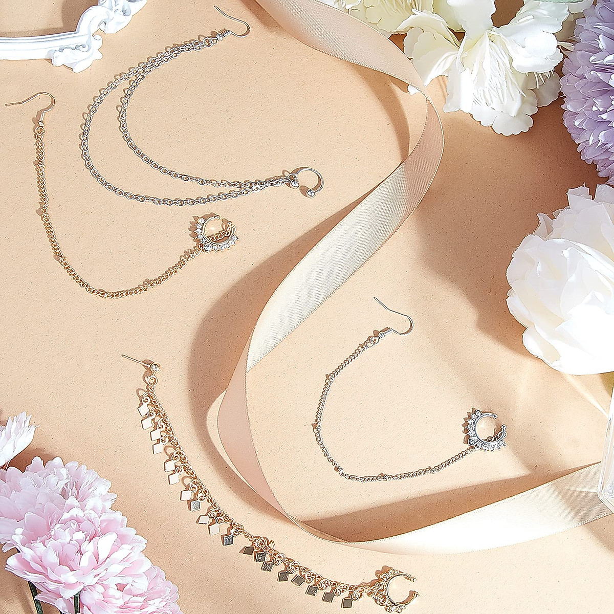 6 Pieces Nose Rings Hoop Chain Diamond-studded Double-layer Nose Chain Septum Non Piercing Nose Hoop Ring Chain Dangle Earrings for Women Girls