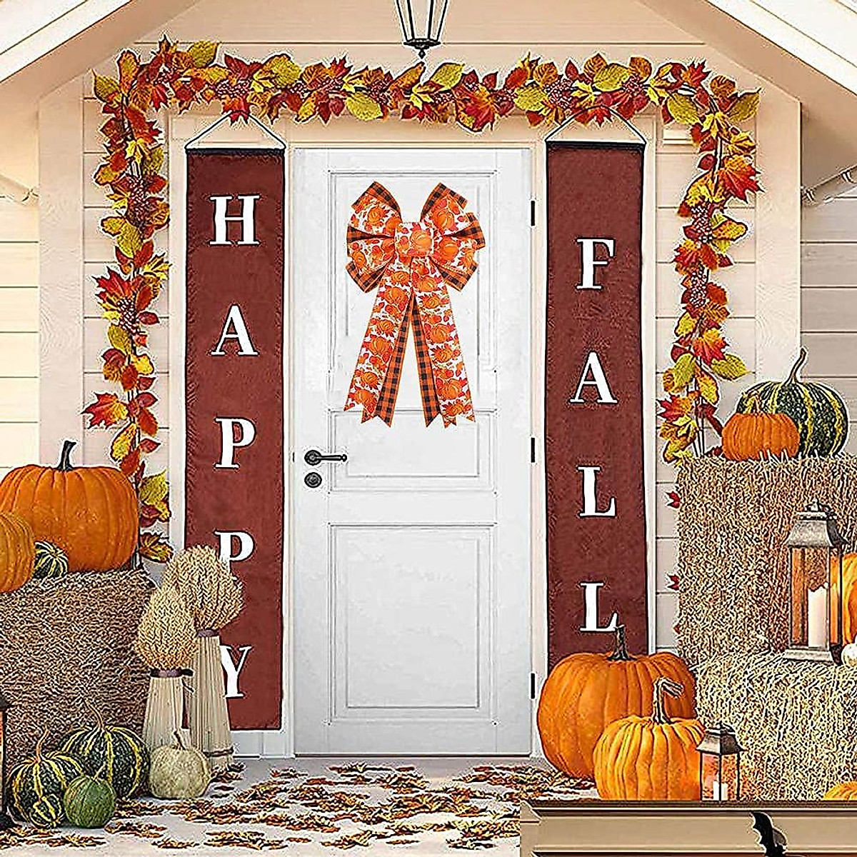 Fall Wreath Bows, Autumn Bow Orange Buffalo Plaid Pumpkin Wreath Bow for Fall Bows Knot Thanksgiving Dinner Party Fireplace Christmas Halloween Home Garden Party Decor