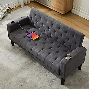 TYBOATLE 62" W Loveseat Sofa w/ 2 USB Charger Ports and 2 Cupholders, Mid-Century Modern Tufted Linen Fabric Small Love Seat Couches for Compact Living Room, Bedroom, Apartment, Dorm (1, Dark Grey)