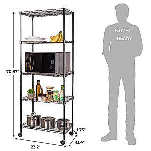 JS HANGER Wire Shelving Unit, 5-Tier Heavy Duty Height Adjustable Rolling Metal Shelves for Storage, 550 lbs Capacity, 23.23''W X 13.4''D X 71''H, Black