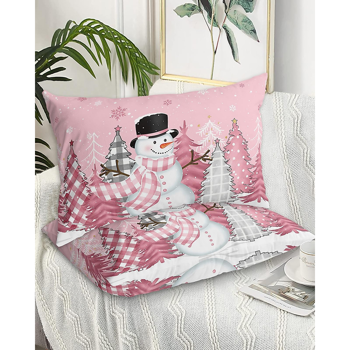 Edwiinsa Blush Pink Snowman Pillow Covers King Standard Set of 2 Bed Pillow, Plush Soft Comfort for Hair/Skin Cooling Pillowcases with Envelop Closure 20x36 Inches Christmas Dot Plaid Tree