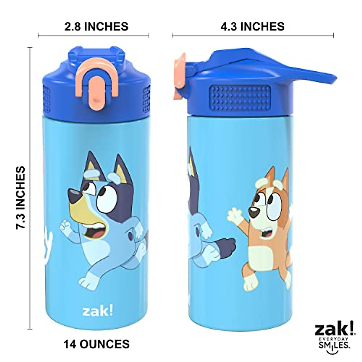zak! Bluey - Stainless Steel Vacuum Insulated Water Bottle - 14 oz - Durable & Leak Proof - Flip-Up Straw Spout & Built-In Carrying Loop - BPA Free