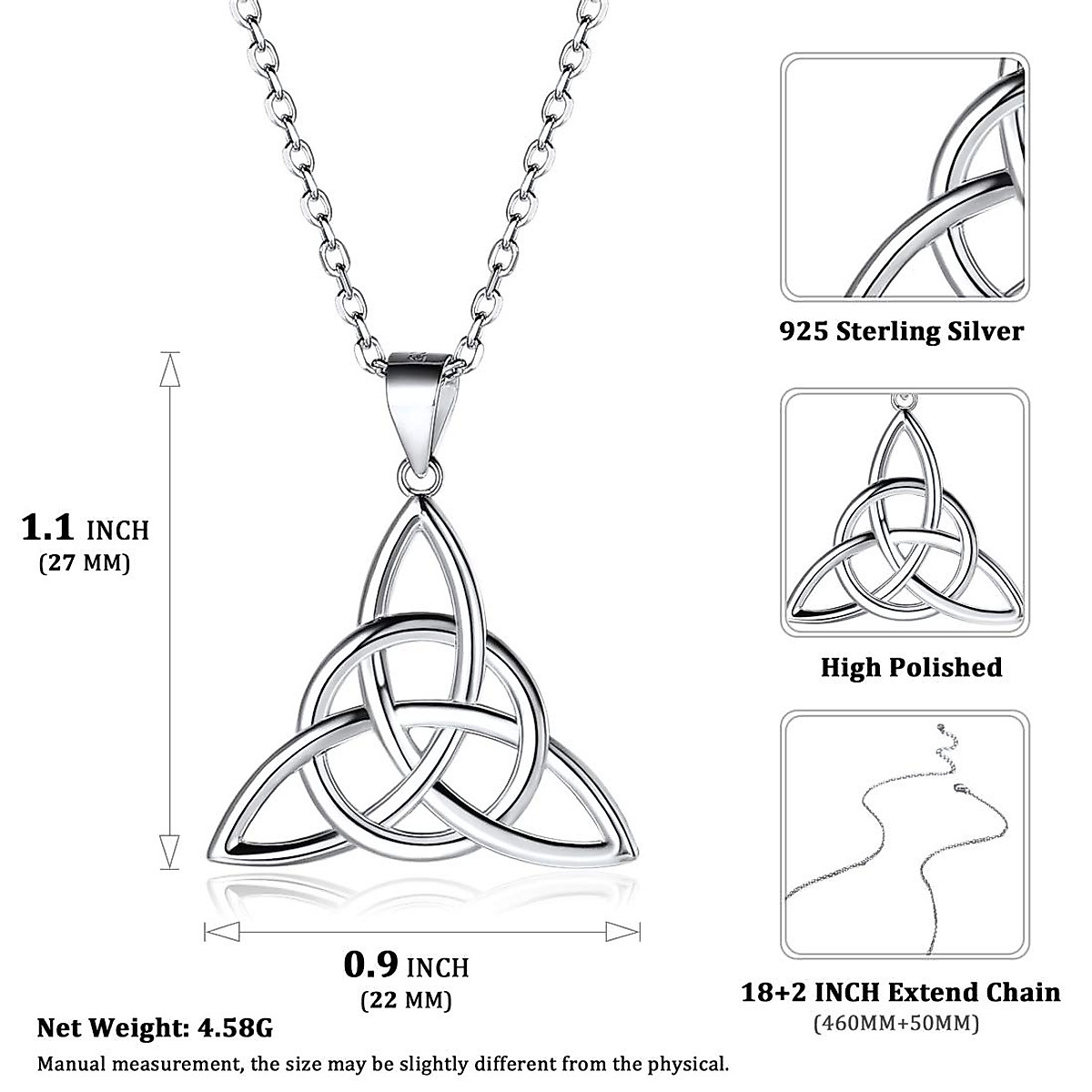 925 Sterling Silver Pendant Necklaces Dainty Simple Good Luck Irish Celtic Knot Triangle Necklaces