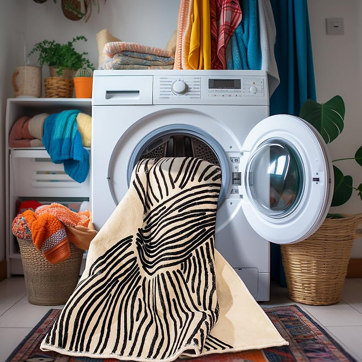 SunNewt Stain Resistant Washable Area Rug 8x10 Living Room Large Rugs Soft Faux Wool Non-Shedding Low-Pile Floor Carpet for Dining Laundry Room Bedroom Bed Side, Contemporary Striped