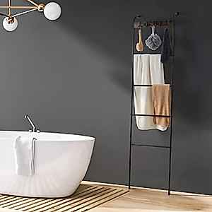 Blanket Ladder Metal Black Blanket Holder with Hooks Leaning Towel Rack Blanket Ladders for The Living Room Bathroom Bedroom (Matte Black)