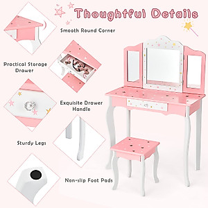 KOTEK Kids Vanity Set w/Tri-Folding Mirror, 2 in 1 Wooden Princess Makeup Dressing Table w/Detachable Top & Storage Drawers, Pretend Beauty Play Vanity Table Set for Girls (Pink Star Print)