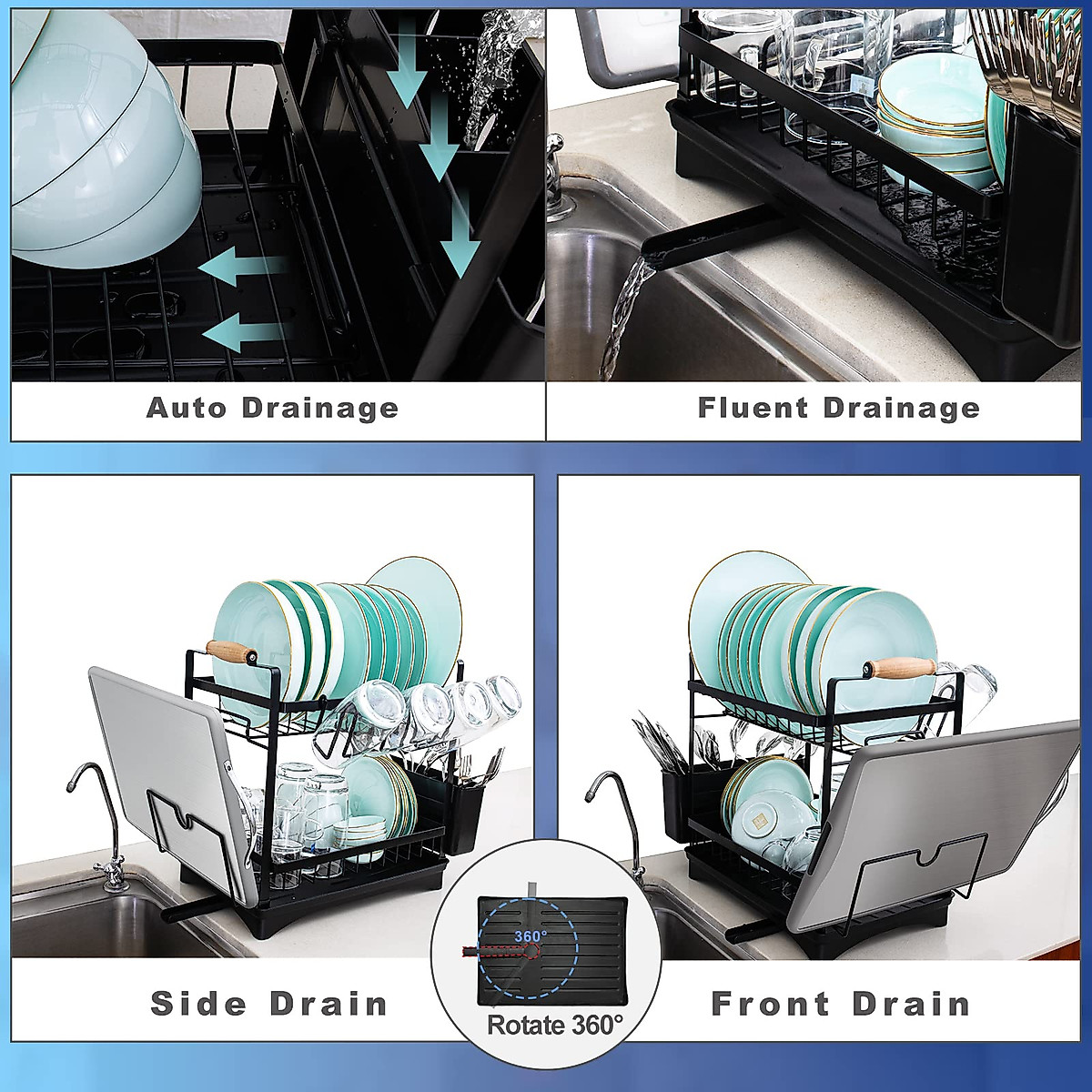 huspossesser Dish Drying Rack with Drainboard, 2 Tier Small Dish Rack, Dish Racks for Kitchen Counter, Stainless Steel Dish Drainer with Utensil Holder, Cup Rack and Cutlery Holder, Black