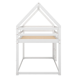 Twin Over Twin House Bunk Bed, Wood Montessori Floor Bunk Bed Frame with Ladder, Low Bunk Beds with Roof for Kids, Teens, Girls, Boys, White