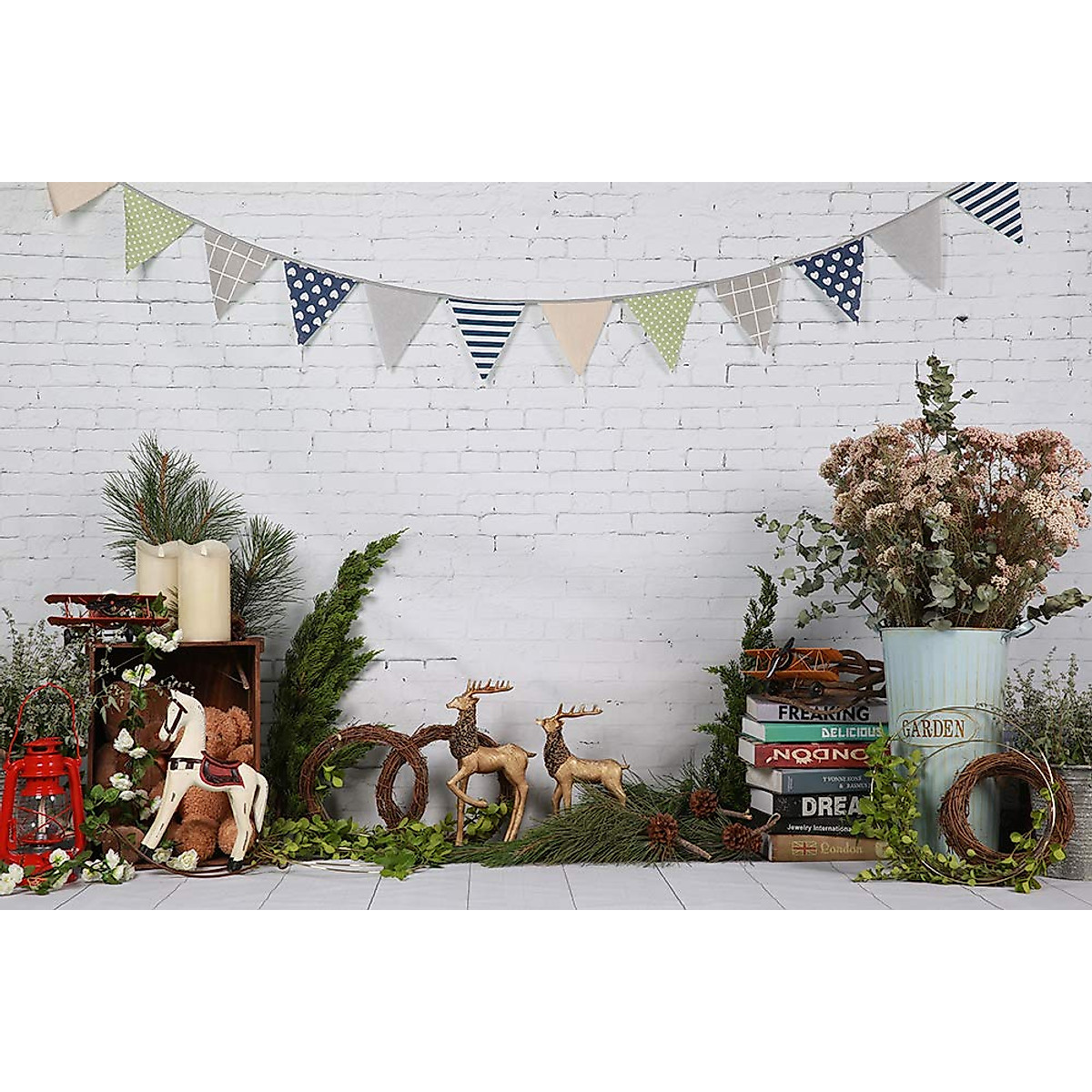 8'x12' White Brick Wall with Gray Wooden Floor Photography Backdrop Vinyl Background for Pictures D-2504