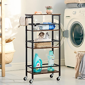 LOAKEKEL Slim Rolling Cart, 4-Tier Storage Cart on Wheels, Narrow Kitchen Cart with 6 Hooks for Small Spaces, 7.87" Deep, Mobile Shelving Unit Utility Cart for Dining Room, Bathroom, Brown HKC04BR-1