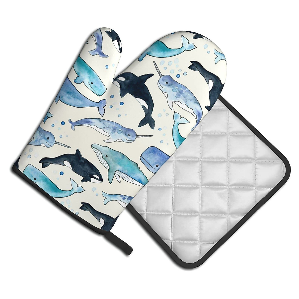 Cute Whale Oven Mitts and Pot Holders Sets of 2, Non-Slip Cooking Hot Pads Washable Heat Resistant for Kitchen Microwave BBQ Baking Grilling