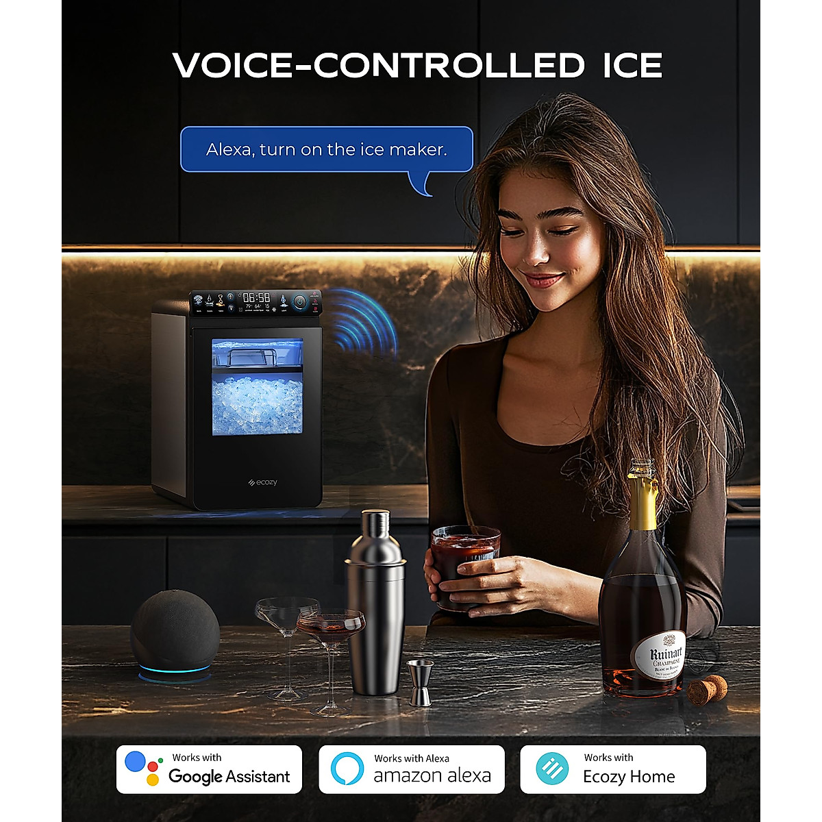 ecozy Smart Nugget Ice Maker Countertop, First Full-Color Smart Panel Ice Machine with APP Control, Double-Layer Insulation, 44 lbs/24H Soft Pellet Chewable Ice, Pull-Out Water Tank, Self-Cleaning