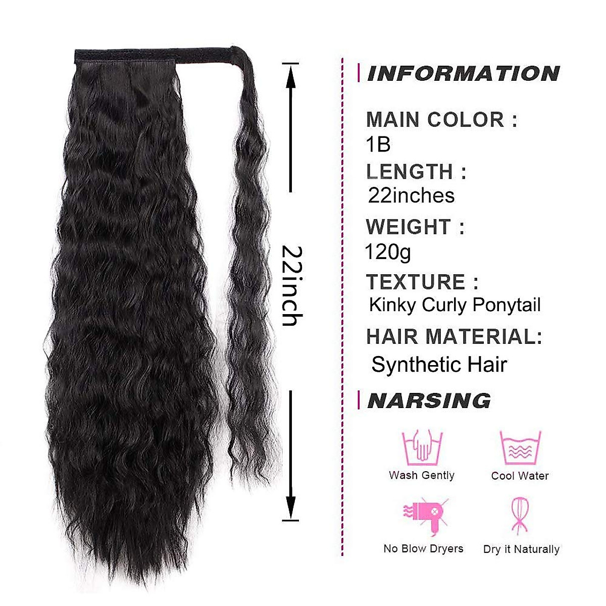 Stamped Glorious Long Corn Wave Ponytail Extension Magic Paste Heat Resistant Wavy Synthetic Wrap Around Ponytail Black Hairpiece for Women (22 Inch, 22 Inch-Black)