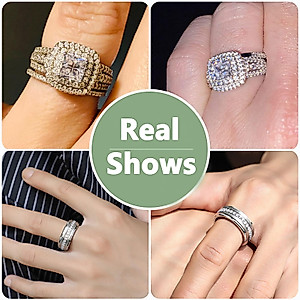 Newshe Wedding Rings Set for Him and Her Women Mens Tungsten Bands Princess Cz 2.3Ct Sterling Silver 8&10