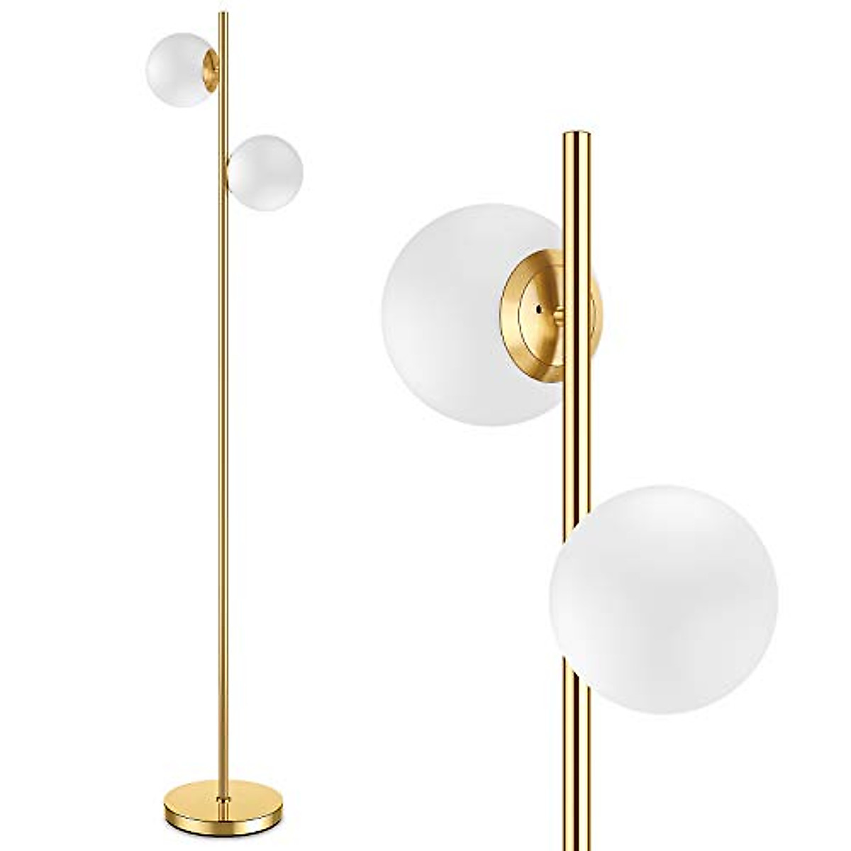 Mid Century Modern 2 Frosted Glass Globe Floor Lamp for Living Room,Contemporary LED Standing Light, Gold Corner Pole Lamp for Office Bedroom, Study Room, Hotel, Antique Brass Standing Lighting