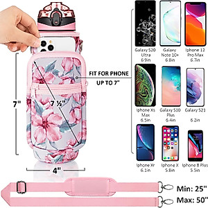 Fimibuke 32 oz Water Bottle with Sleeve - BPA Free Leakproof Sport Large 1L Plastic Motivational Water Bottle with Straw Strap Insulated Neoprene Holder Carrier Bag for Women Men (A4.Peach Blossom)