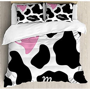 Ambesonne Cow Print Duvet Cover Set, Camouflage Hide Skin Pattern in Pastel Color Shades Heart Shape Moo, Decorative 3 Piece Bedding Set with 2 Pillow Shams, Queen Size, Pink Black