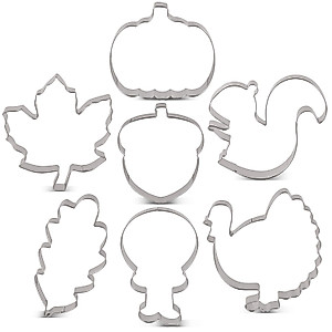 LILIAO Fall Thanksgiving Cookie Cutter Set, 7 Piece, Pumpkin, Turkey, Maple Leaf, Oak Leaf, Turkey Leg, Squirrel and Acorn Biscuit Cutters, Stainless Steel