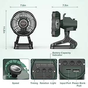 30000mAh Rechargeable Camping Fan with LED Lantern, Portable Battery Operated Fan 360° Oscillating Outdoor Fan, Quiet Battery Powered USB Table Fan with 4 Light Modes, 7 Timers for Home Jobsite Tent