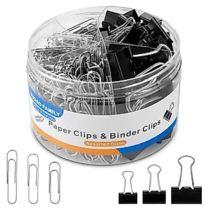 FUDAO FAMILY Paper Clips Binder Clips,340 PCS Paper Clips Assorted Sizes,Binder Clips Assorted Sizes,Silver Paper Clip,Black Binder Clip,FFHY100102