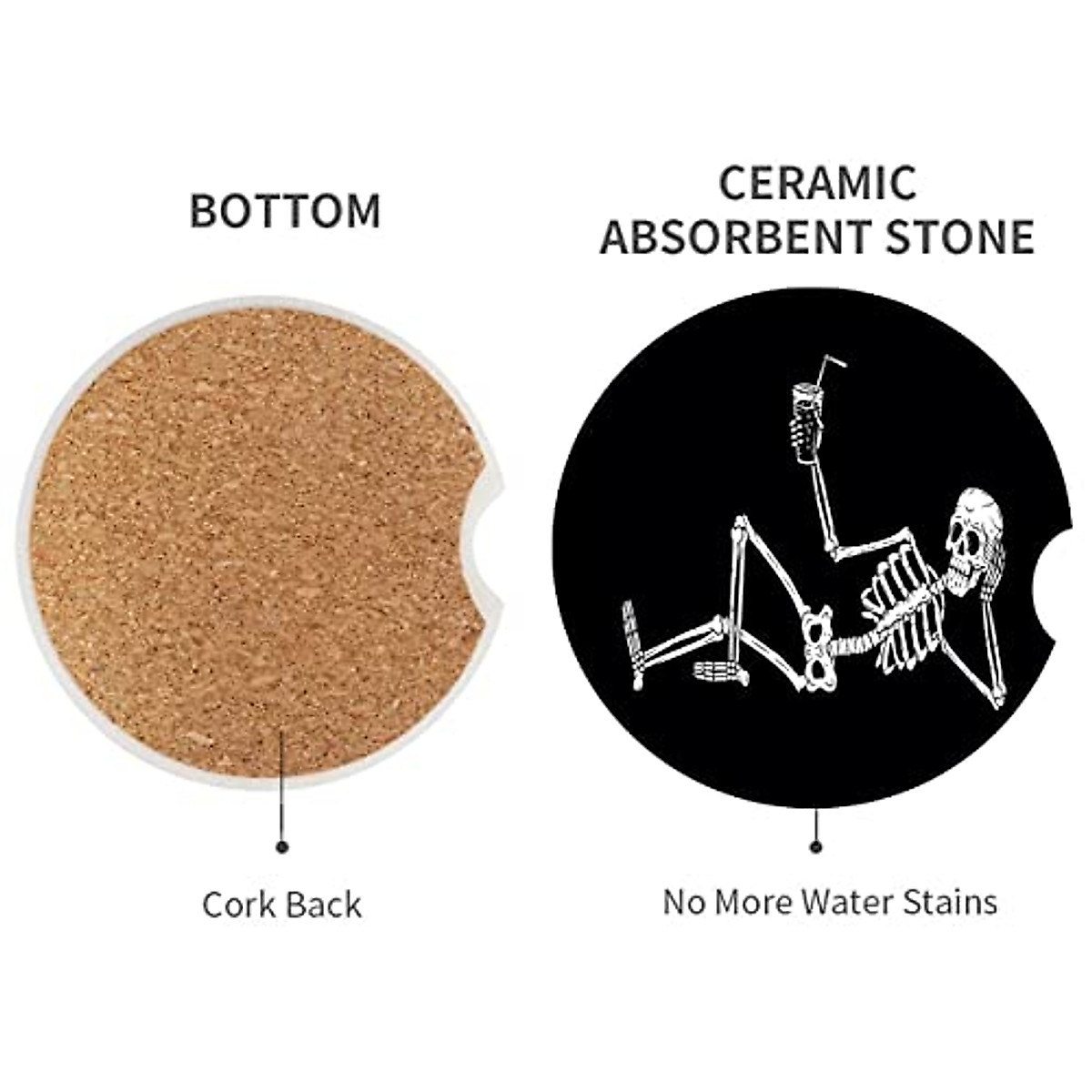 Car Coasters for Drinks Absorbent, 2 Pack Cup Holders, 2.56" Ceramic Stone & Non-Scratch Cork Base Coasters, Auto Accessories for Women & Men, Human Skeleton Cocktail Funny Skull