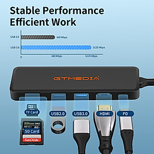 GT MEDIA USB-C Hub Adapter with 100W PD Charging Port, 4K HDMI, Type-C 6-Ports Data Transfer hub with SD/TF Card Reader Black